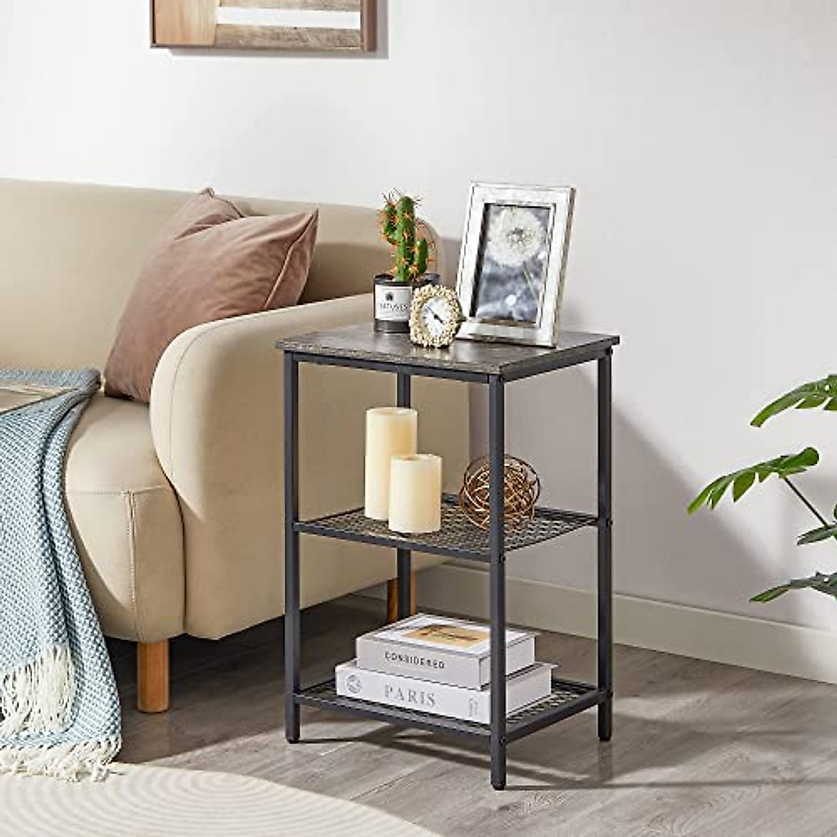 VECELO 3-Tier End Tables, Small Nightstands with Storage Shelf, Industrial Night Stand for Living Room Bedroom, Metal Frame, 1 Pack(A), Misty Gray