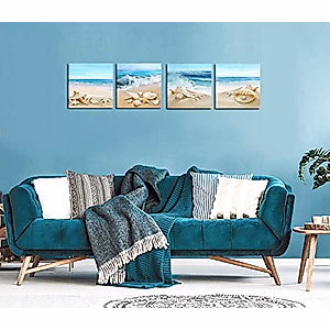 Beach Waves Wall Art Ocean Decor Sands Seashell Starfish Nature Pictures Blue Canvas Artwork Turquoise Wall Art for Bathroom Bedroom Living Room Office Kitchen Wall Decor 12" x 12" x 4 Pieces