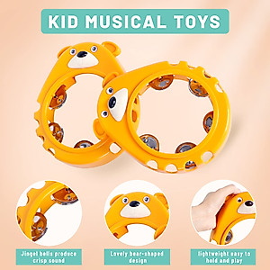 YONTY Hand Tambourine Bells, 2 Pack Yellow Bear Plastic Musical Percussion, Cartoon Pattern Kids Tambourines Rhythm Toys, Lovely Jingles Music Instrument for Christmas Birthday Gift