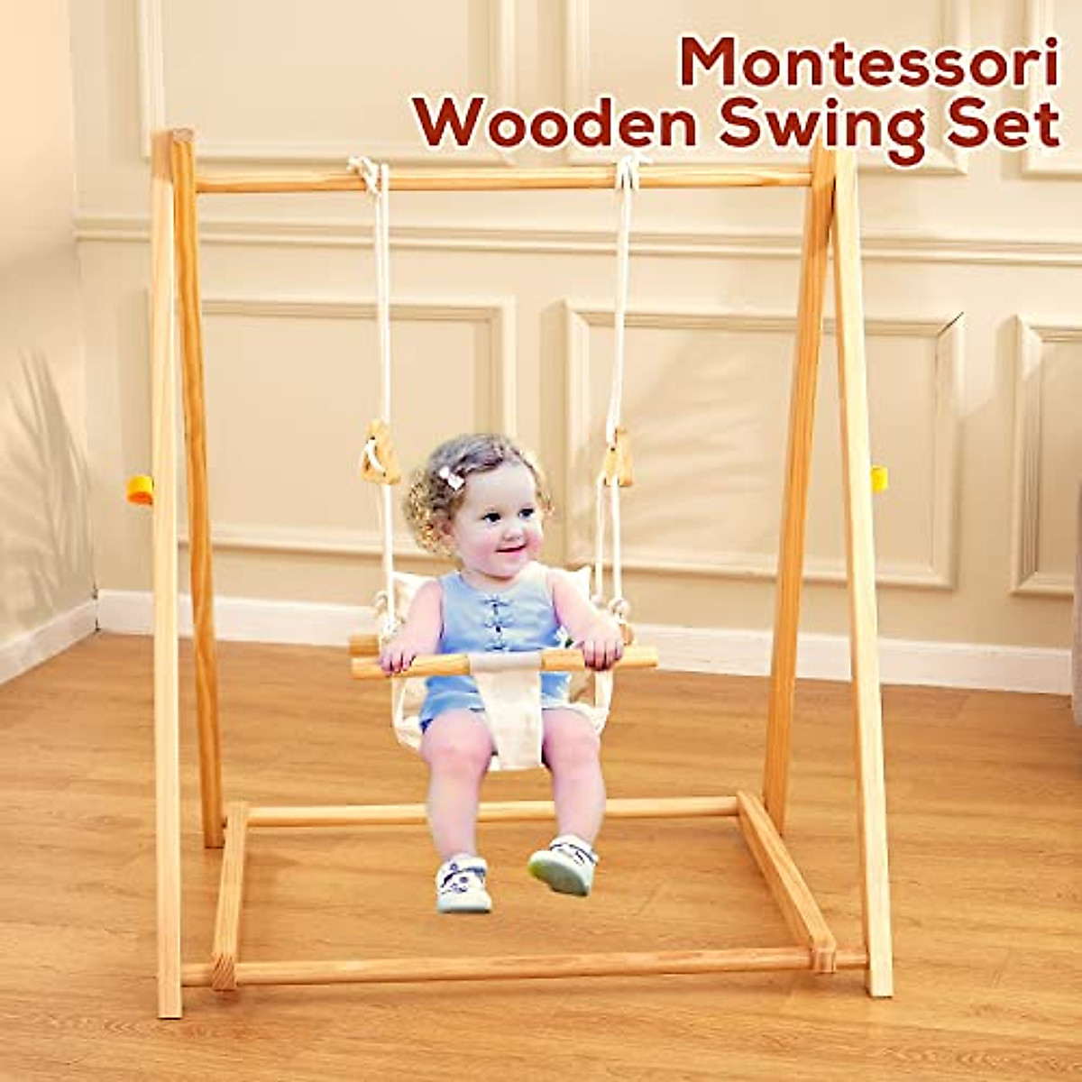 FUNLIO Wooden Toddler Swing Set with 4 Sandbags, Foldable Baby Swing Set with Durable Pine & Velcro, Portable Swing for Toddlers 6-36 Months, Kid Swing for Indoor/Outdoor/Backyard (Upgraded)