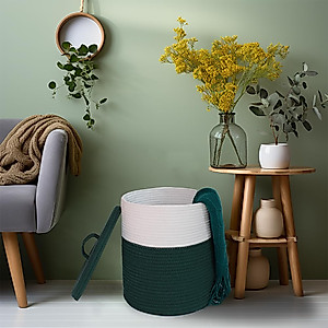 Yimi's Dream Basket with Lid, Medium Woven Baskets for Storage and Organizing, Small Cotton Rope Basket with Handle for Baby Gifts, Laundry, Toy (12''D * 13.5''H, Green & White)