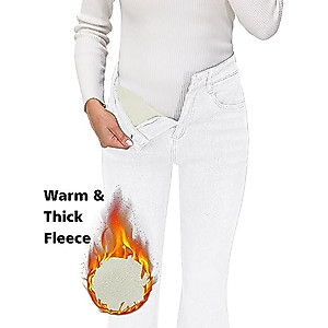 KDF Women's Flare Fleece Lined Jeans Thermal Fleece High Waisted Bell Bottom Jeans Winter Warm Fleece Pants 8,White