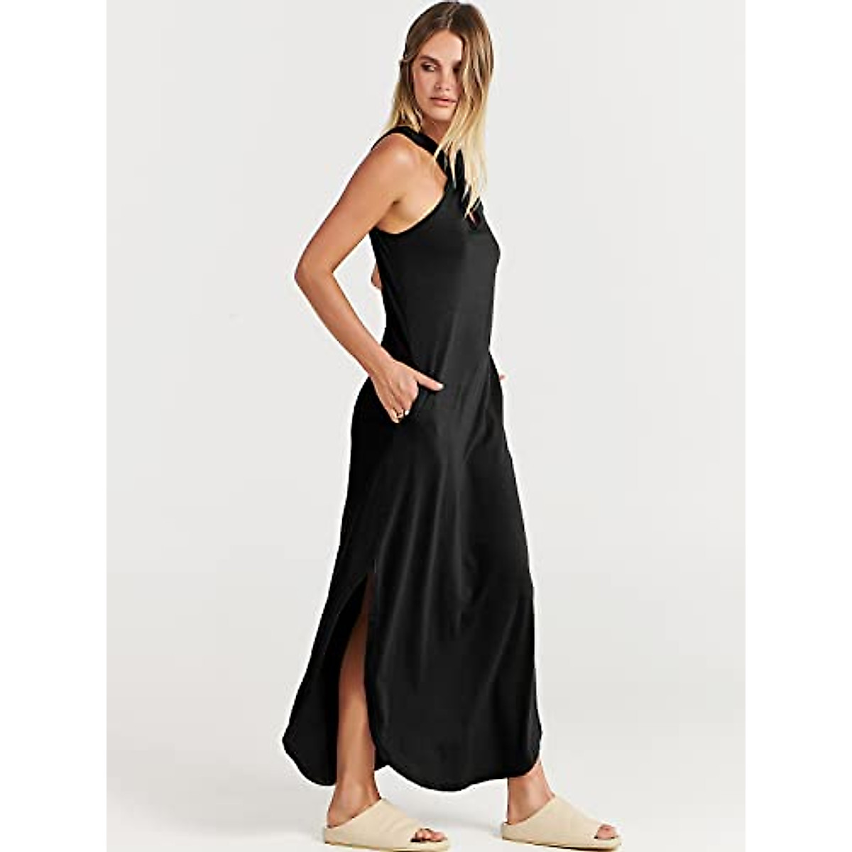 ANRABESS Women's Casual Loose Sleeveless Beach Dress Criss Cross Slit Maxi Sun Dresses 2023 Fashion Vacation Outfits Summer Clothes Resort Cruise Wear A453heise-XL Black