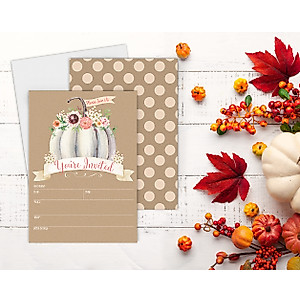 Pumpkin Fall Baby Shower Invitations, A6 Envelopes Included, 20 Count Pack, Premium Heavy-weight Card Stock, Two Sided, Autumn Floral Design, Pink and Gold Color