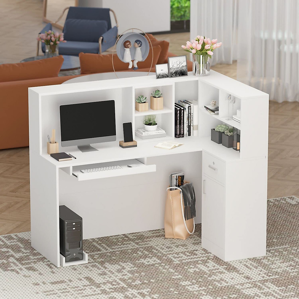 FAMAPY Modern Reception Desk Front Desk Reception Counter, Large Storage Shelves and Drawers, Retail Counter for Reception Room White