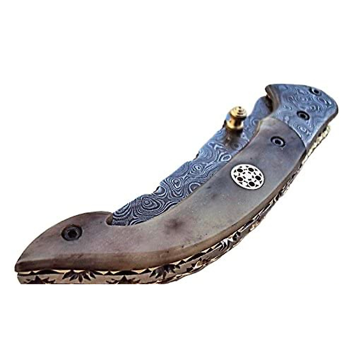 Limited Edition - FNA-32 Custom Handmade Damascus Steel Folding Knife - Beautiful Camel Bone Handle with Damascus Steel Bolsters