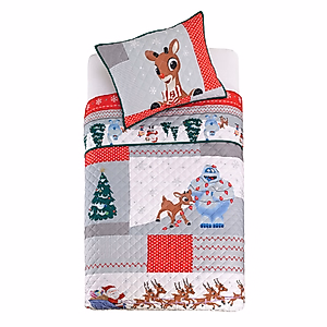 Franco Rudolph The Red Nose Reindeer Holiday Bedding Super Soft Pillow Sham and Quilt Set, Full/Queen Size 88" x 92", (100% Officially Licensed Product)