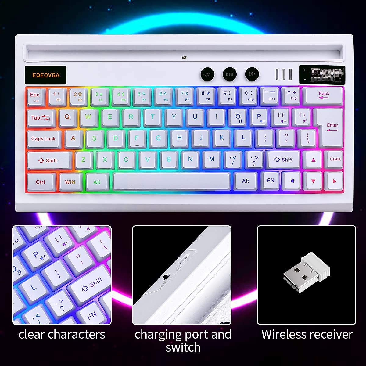 EQEOVGA L640 60% Wireless Gaming Keyboard,3300mAh Battery 2.4G Wireless Stand Design，RGB Backlit Waterproof Mini Compact 63 Key for PC/Mac Gamer, Typist, Travel, Easy to Carry on Business Trip(White)