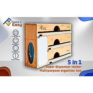 Make It Easy, Plastic Wrap Dispenser - 5 In 1 Wrap Organizer with Blackboard & Side Bag Dispenser - Foil & Wax Dispenser for Kitchen Storage Drawer - 4 Slot