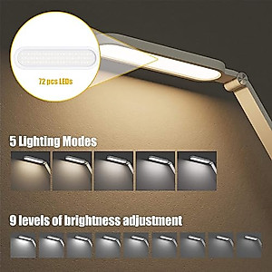 JKSWT LED Desk Lamp for Reading, Eye-Caring Natural Light Protects Eyes Dimmable Office Table Lamps with 5 Color Modes USB Charging Port Touch Control and Memory Function,10W