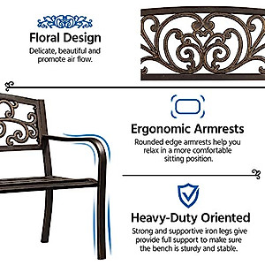 Patio Bench Park Bench, 50" Antique Powder Coated Iron Outdoor Metal Bench w/Floral Ivy Design Backrest, 400lbs Cast Iron Anti-Rust Sturdy Steel Frame Furniture for Porch Entryway Lawn Decor Deck