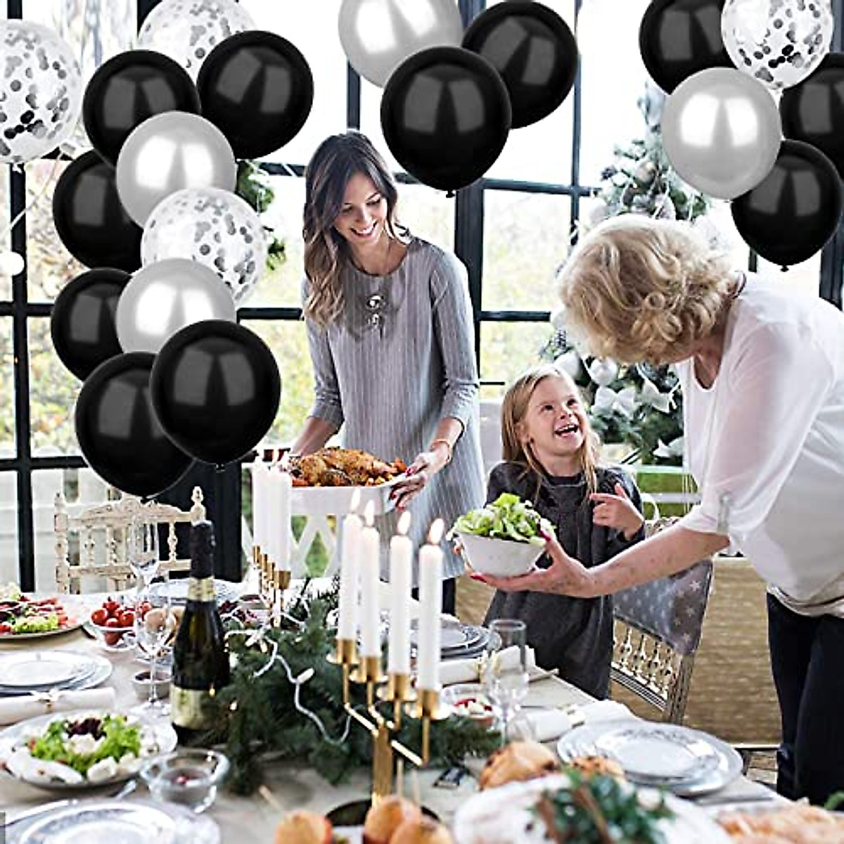 Black and Silver Confetti Balloons, 50pcs 12-inch Black Balloons、Silver Balloons and Silver Confetti Birthday Balloons for Birthday Party Graduation Ceremony and Bachelor Party Decoration.