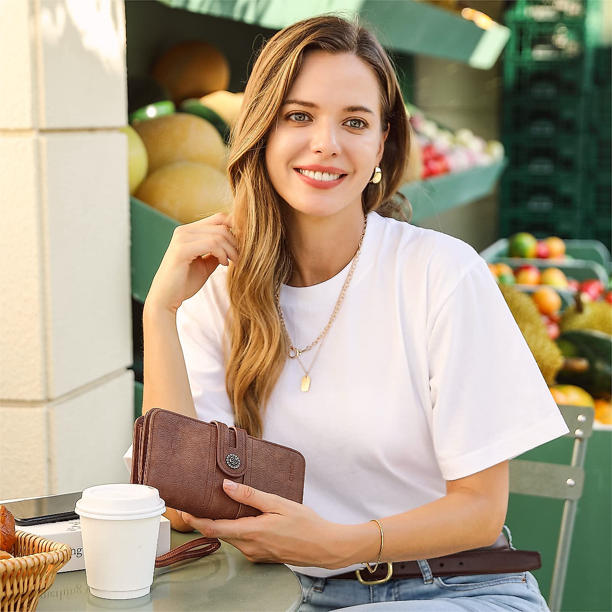 CLUCI Women Wallet Large Leather Designer Card Holder Organizer Long Ladies Travel Clutch Wristlet Coffee