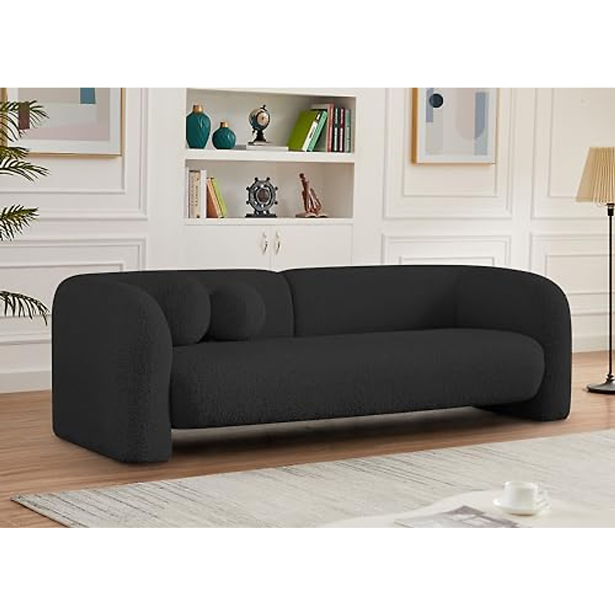 Meridian Furniture 139Black-S Emory Collection Art Deco Boucle Fabric Upholstered Sofa with Rich Black Boucle Fabric, Ball Pillows Included, 89" W x 34" D x 27" H, Black