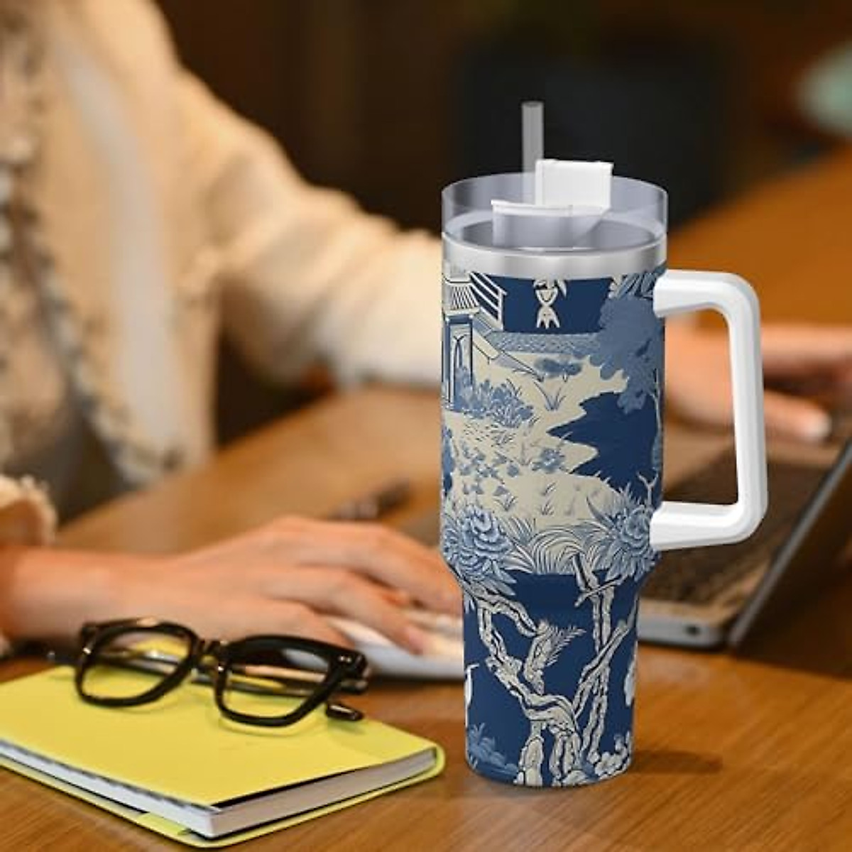 Xiexide 40oz Fits Cup Holder Gifts Ancient Blue And White Chinese Style Chinoiserie Folk Double Walled Vacuum Insulatedith Handle And Straw,Hot & Cold Drinks