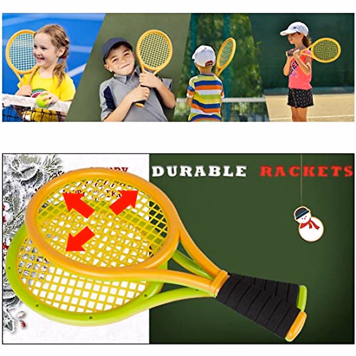 Kids Tennis Rackets with Carrying Bag,Soft Training Balls and Badminton Birdies,12 in 1 Tennis Racquets Gift Set for Children Outdoor Indoor Sports (Green+Yellow,Plastic,17inch)