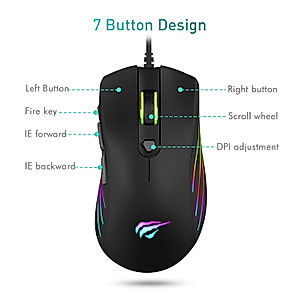 Havit Gaming Mouse Wired 7200DPI RGB Backlit Comfortable Computer Ergonomic USB Programmable Mice 1000Hz Polling Rate for Laptop Desktop PC Gamer