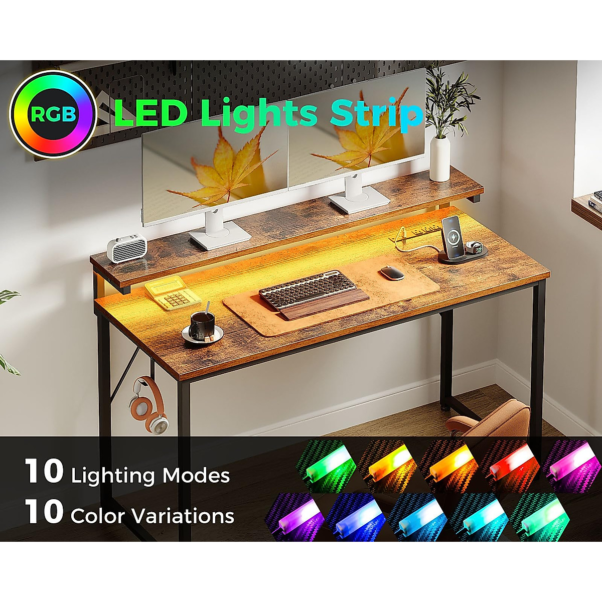 AODK Computer Desk, 48 Inch Gaming Desk with LED Lights and Power Outlet, Office Desk with Adjustable Monitor Shelf (3 Heights), Computer Table Work Desk for Home/Bedroom, Rustic Brown