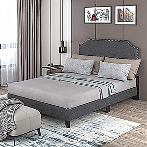 STP-Y Upholstered Platform Bed, Rockjame Full Bed Frame Mattress Foundation with Nailhead Trim Headboard and Plywood Slats, No Box Spring Required (Full) (Size : Full)