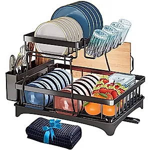 etship Dish Drying Rack with Drainboard Set, Stainless Steel 2 Tier Large Dish Racks for Kitchen Counter, Dish Drainer with Utensil Holder, Dish Strainers with Extra Drying Mat (Black)