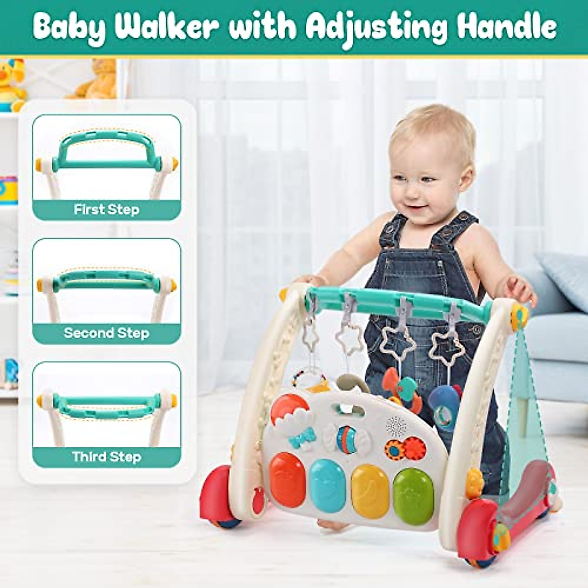 CUTE STONE Baby Gym Play Mat & Baby Learning Walker, Baby Activity Mat with Play Piano, Musical Activity Center with Lights, Baby Push Walkers & Tummy Time Mat for Infant Newborn Toddlers