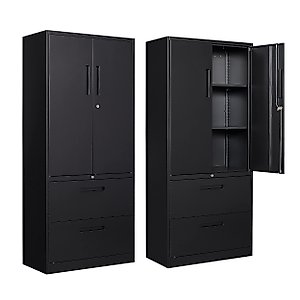 SISESOL Metal Storage Cabinet with Drawers, 71" File Cabinets for Home Office, Locking Steel Storage Cabinet with Doors and Shelves for Home, Office, Warehouse, Garage, School (Black, 2 Drawers)