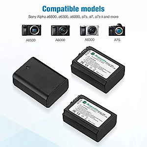 Powerextra NP-FW50 Rechargeable Battery Charger Set for Sony ZV-E10 A6000 A6500 A6300 A7 A7II A7SII A7S A7S2 A7R A7R2 A7RII A55 A510 RX10 RX10II (3 Pack Batteries and 3 Channel Charger LCD Display)