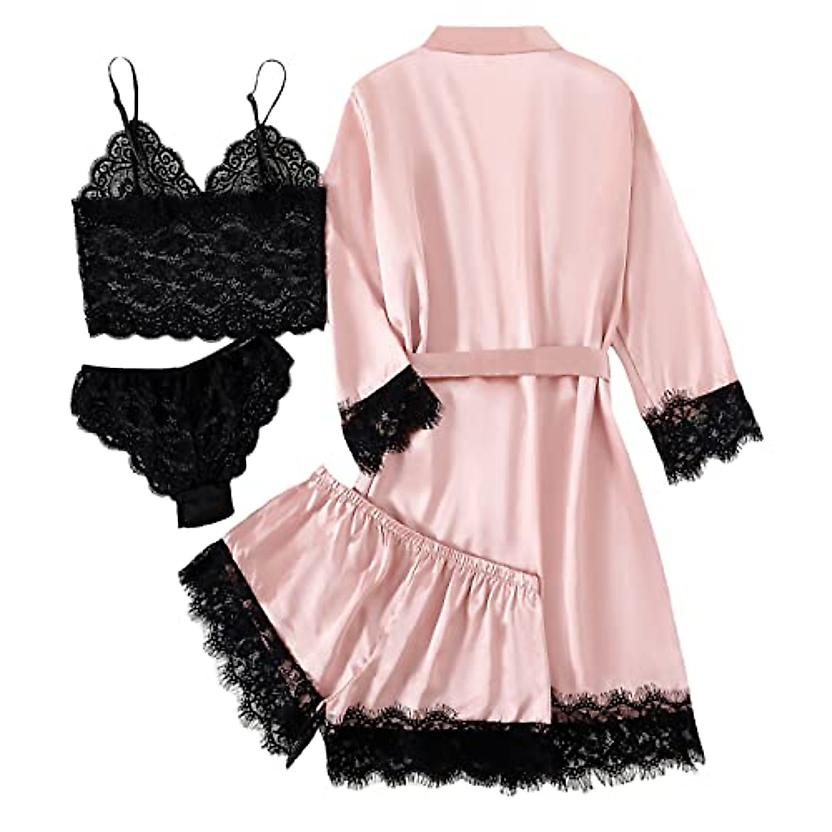 LYANER Women's 4pcs Sleepwear Satin Floral Lace Trim Cami Pajama Set with Robe Solid Pink Small