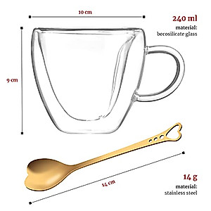Lucy Sui Heart Shaped Cup - Double Walled Insulated Glass Coffee Mug or Tea Cup - Double Wall Glass 8oz (240ml) - Clear - Unique & Insulated with Handle - With Teaspoon
