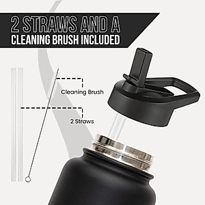 BE THE WATER 32 oz Sports Water Bottle with a Pouch 3 Lids 2 Straws - Keeps Hot and Cold Water, Leak Proof, Double Walled Vacuum Insulated Stainless Steel, Metal Water Bottles