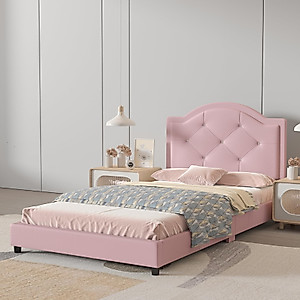 Leather Kids Twin Bed , Crystal Button Adjustable Height Headboard Children's Bed, Wooden Slat Base Toddler Bed ,Upholstered Twin Bed for Kid, Fits Standard Twin Mattress(75"Wx39"D) (Pink)