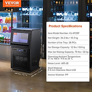 VEVOR Commercial Ice Maker, 70lbs/24H, Ice Maker Machine, 36 Ice Cubes in 12-15 Minutes, Freestanding Cabinet Ice Maker with 12lbs Storage Capacity LED Digital Display, for Bar Home Office Restaurant