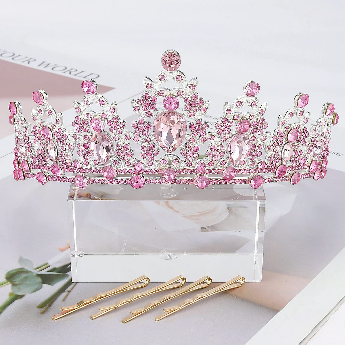 Tiaras for Women, Didder Pink Crystal Tiara Crowns for Women, Silver Crown Tiaras for Girls Princess Crown Wedding Tiaras and Crowns for Women Brides Birthday Party Christmas Prom
