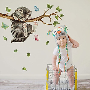 Yovkky Cat on Tree Branches Wall Decals Stickers, Kitty Animal Nursery Decor, Green Leaves Baby Kids Bedroom Home Decorations Art