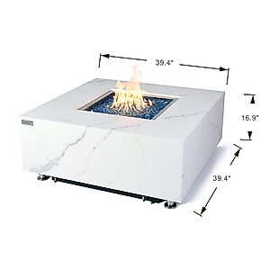 Bianco Marble Fire Pit 39.4" x 39.4" Outdoor Patio Firepit Includes Fire Glass Modern Fire Pits & Outdoor Fireplaces for Garden, Deck, Indoor & Outdoor Heating