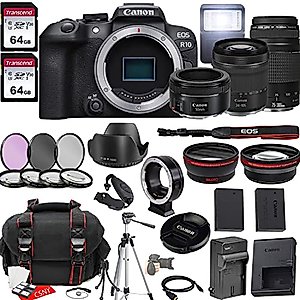 Canon EOS R10 Mirrorless Camera w/RF-S 18-45mm f/4.5-6.3 is STM Lens + EF 75-300mm f/4-5.6 III Lens + EF 50mm f/1.8 STM Lens + 2X 64GB Memory + Hood + Case + Filters + Tripod & More (35pc Bundle)