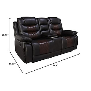New Classic Furniture Nikko Faux Leather Manual Console Loveseat with Dual Recliners, Brown