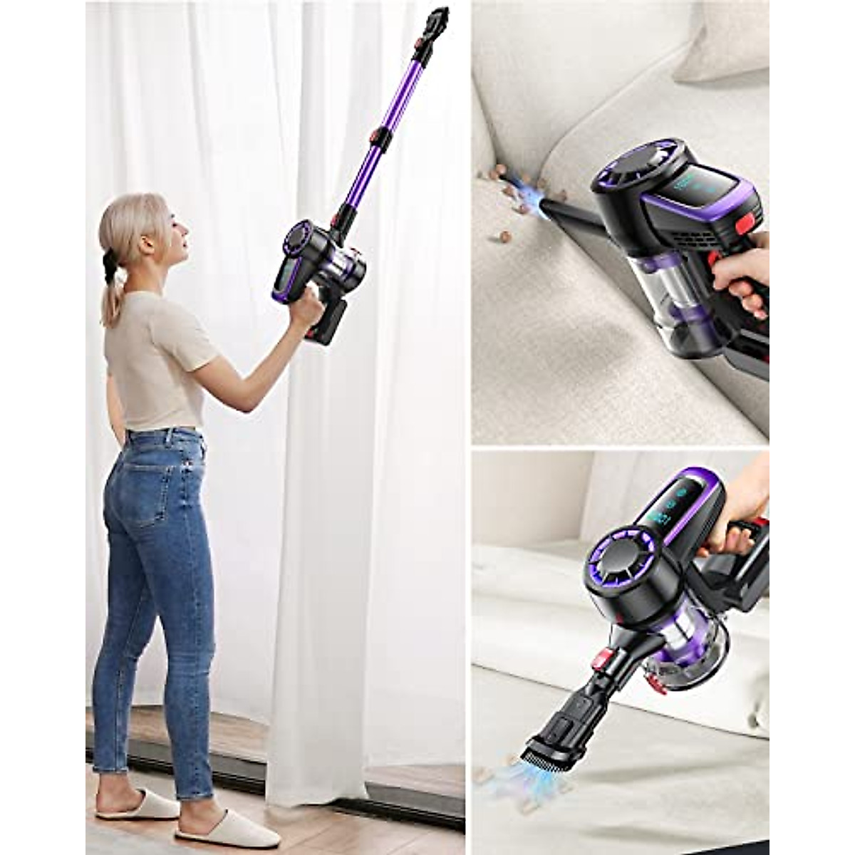 WLUPEL Cordless Vacuum Cleaner, 400W Stick Vacuum Cleaner with 30KPA Powerful Suction, Lightweight Handheld Vacuum LED Display for Carpet and Floor, Pet Hair (Hero 8-Purple)