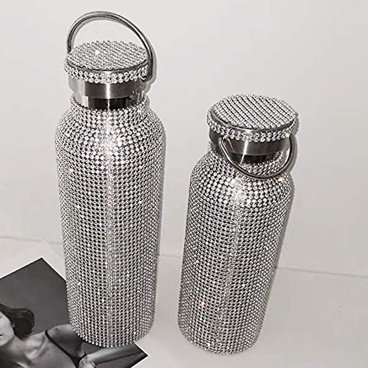 helegeSONG Diamond Water Bottle, Stainless Steel Insulated Water Bottle 12/17/25oz, Glitter Water Bottles for Women Refillable Water Bottles for Women Silver 750ml/25oz