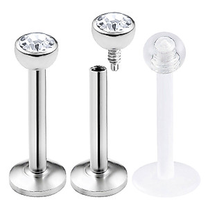 bodyjewellery 3pcs 16g 5/16 Labret Stud Lip Ring Snake Bite Conch Forward Helix Monroe Tragus Dahlia Marilyn Internally Threaded - Clear