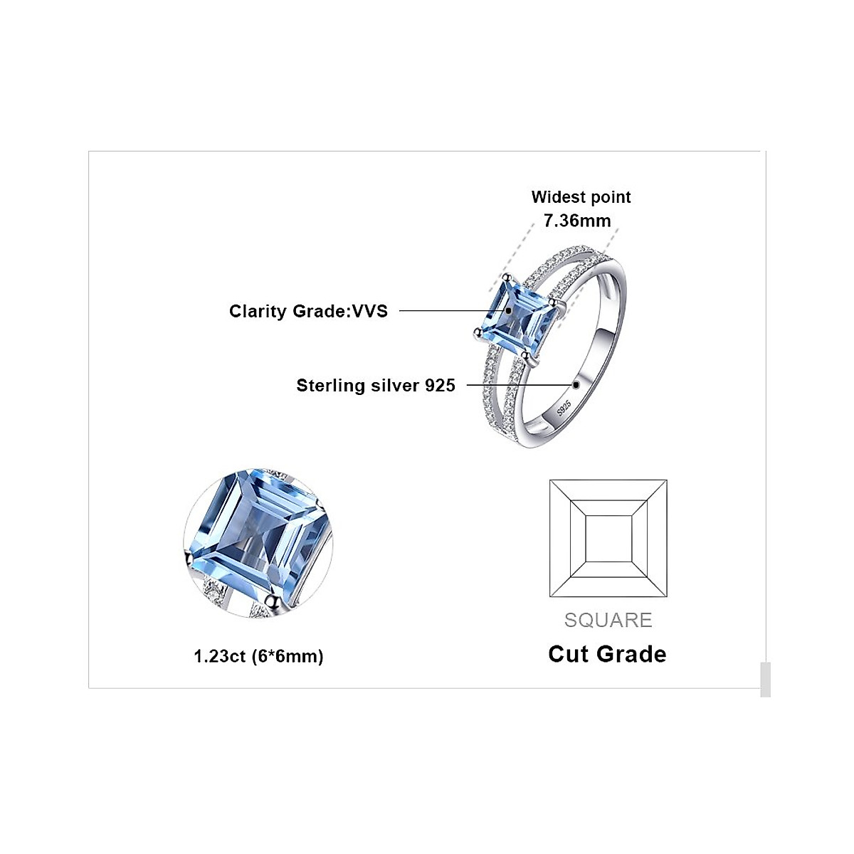 JewelryPalace Princess Cut 1.2ct Genuine Blue Topaz Solitaire Rings for Her, 14K White Gold Plated 925 Sterling Silver Promise Ring for Women, Natural Gemstone jewelry Sets Rings 6.5