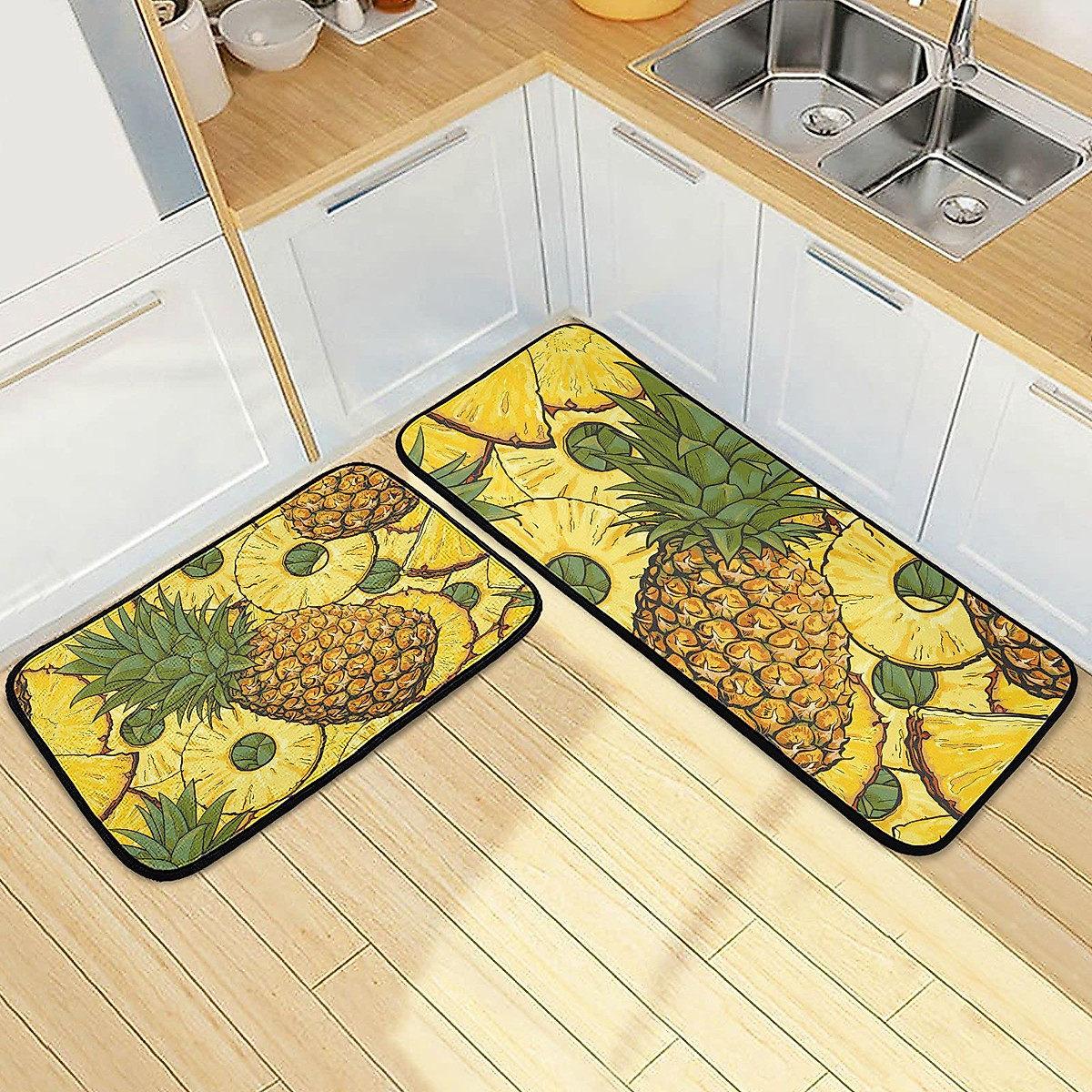 BOENLE Kitchen Rugs and Mats Non Skid Washable Kitchen Rug Set 2 Piece Tropical Pineapple Exotic Fruits Carpet Ergonomic Comfort Standing Mat for Kitchen,Bathroom, Laundry
