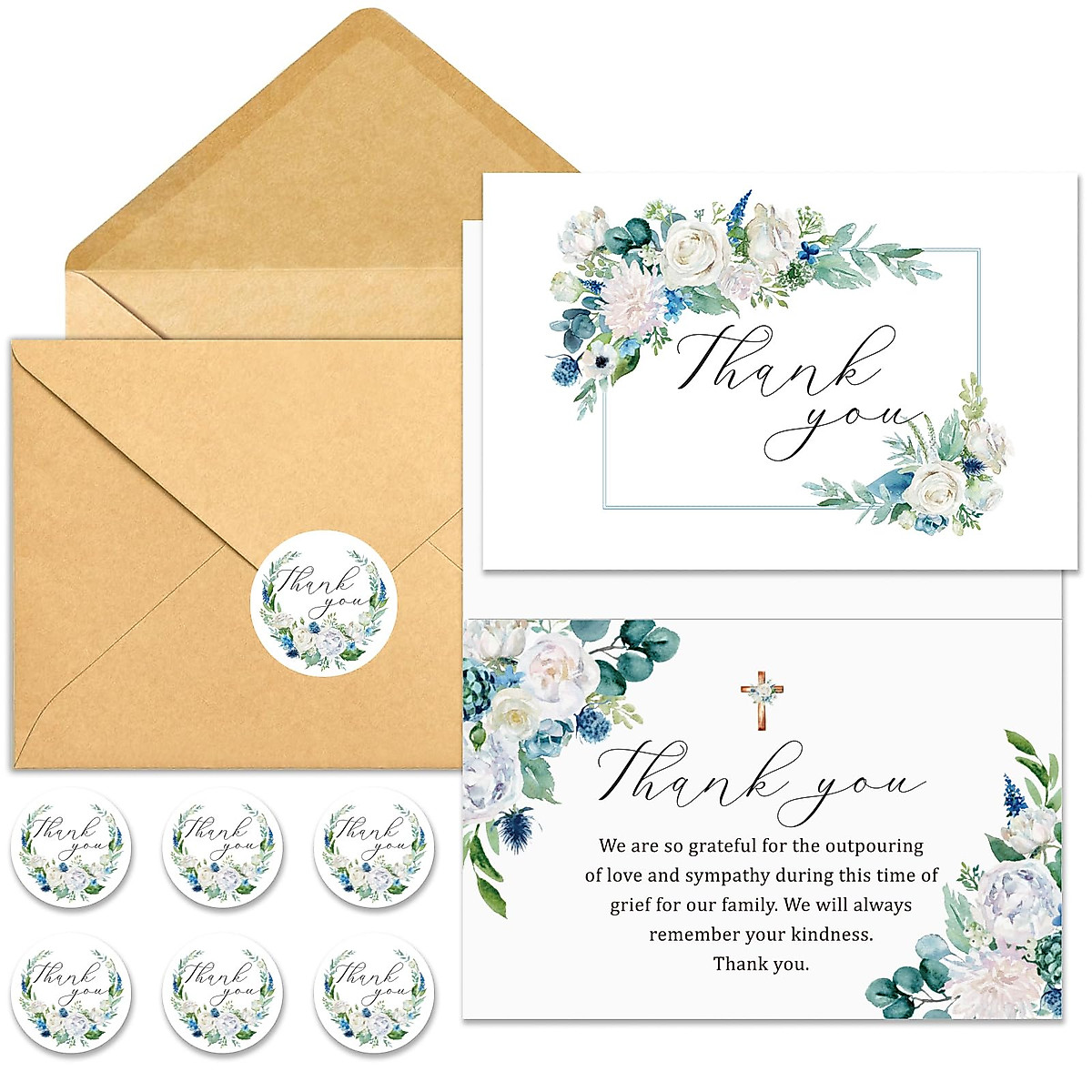 BYBOUS 25 Pack Funeral Thank You Cards with Envelopes Matching Stickers Messages Inside 4×6 in, Watercolor Rose Cross Bereavement Sympathy Thank You Cards for Funeral Family Friends Loved Ones