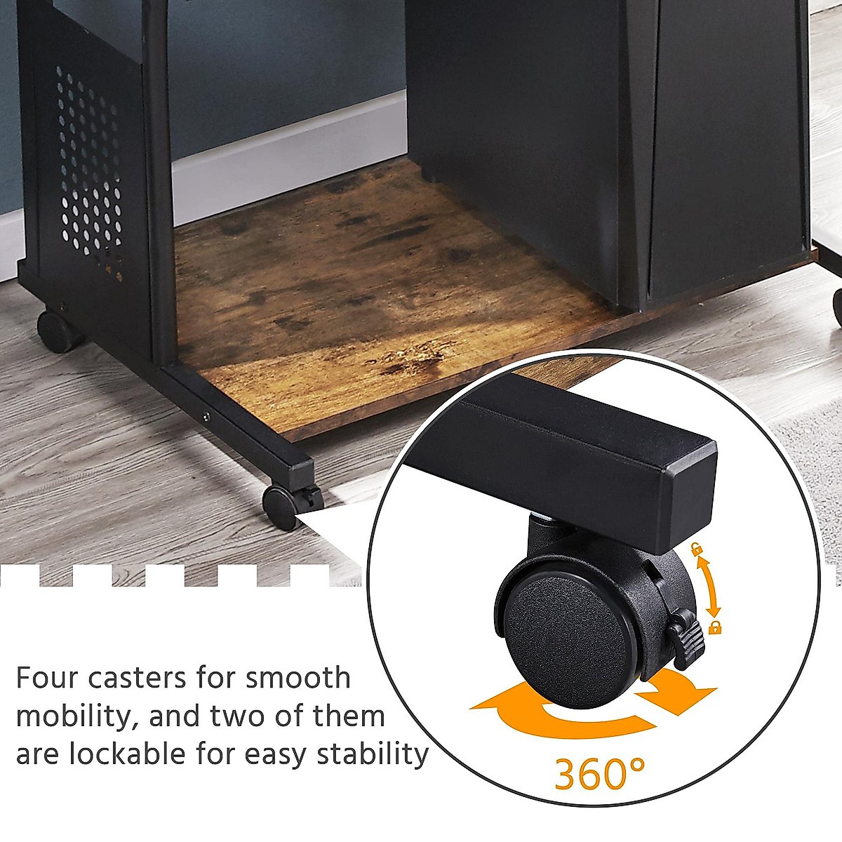 Topeakmart 3 Tiers Rolling Computer Desk with Power Outlet and USB Ports for Space Saving, Home Office Desk with Keyboard Tray and Printer Shelf on Wheels, Laptop PC Workstation Table, Rustic Brown