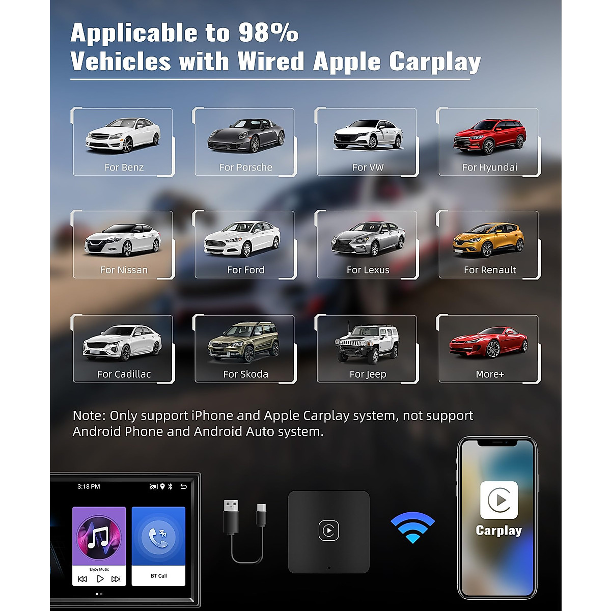 CAMECHO Wireless CarPlay Adapter for All Factory Wired CarPlay, Apple Carplay Wireless Dongle, Carplay Wireless Adapter for iPhone, 5Ghz WiFi, Plug & Play, Auto Connect, Carplay Box