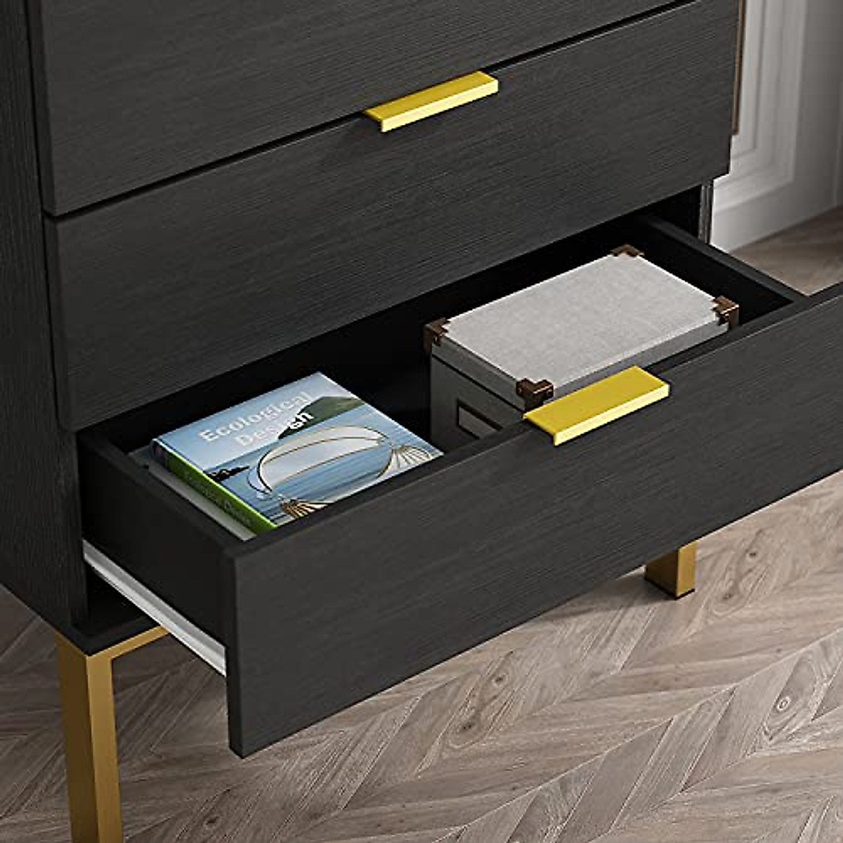 ECACAD Modern Dresser with 5 Drawers & Metal Legs, Wood Dresser Storage Chest for Bedroom, Living Room, Black (23.6”L x 15.7”W x 41.1”H)