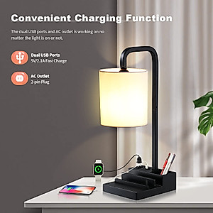 Iporovon 3-Way Dimmable Touch Control Lamps for Nightstand, Bedside Lamp with USB Ports & Outlet, Linen Shade, 2 Phone Stand & Pen Holder, Modern Desk Side Table Lamp for Bedroom Living Room Reading