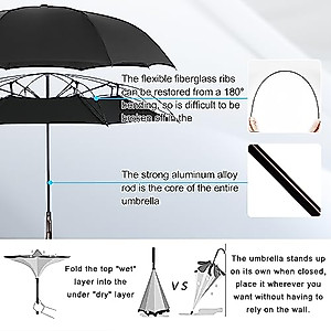 LFLFWY Inverted Reverse Upside Down Umbrella Windproof Strong - 49 inch Vented Double Canopy Large Stick Umbrellas for Rain Waterproof Golf Car Travel Umbrella - Men and Women