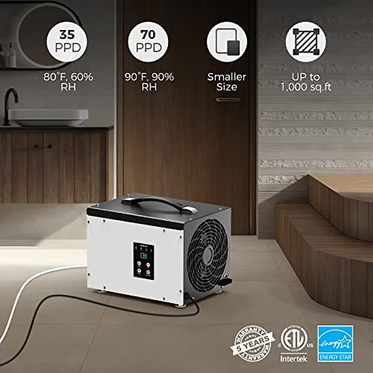 ALORAIR Crawl Space/Basement Dehumidifier 70 Pint Dehumidifier with Drain Hose, Automatic Defrost, Up to 1000 Sq Ft Commercial Dehumidifier, Memory Start, Energy Star Certified, ETL Listed, GLGR Technology, 5 Year Warranty
