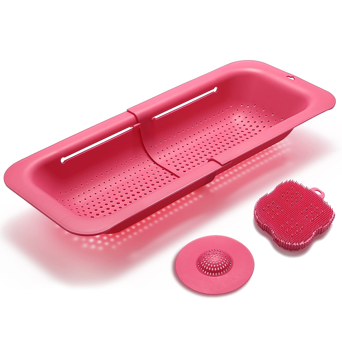 Domonic Home Colander Over the Sink Colander for Kitchen Sink, Over the Sink Strainer Basket Vegetables,Fruits,Pasta, Collapsible Colander 14.5"-19.5", Brilliant Rose Colander Dishwasher Safe